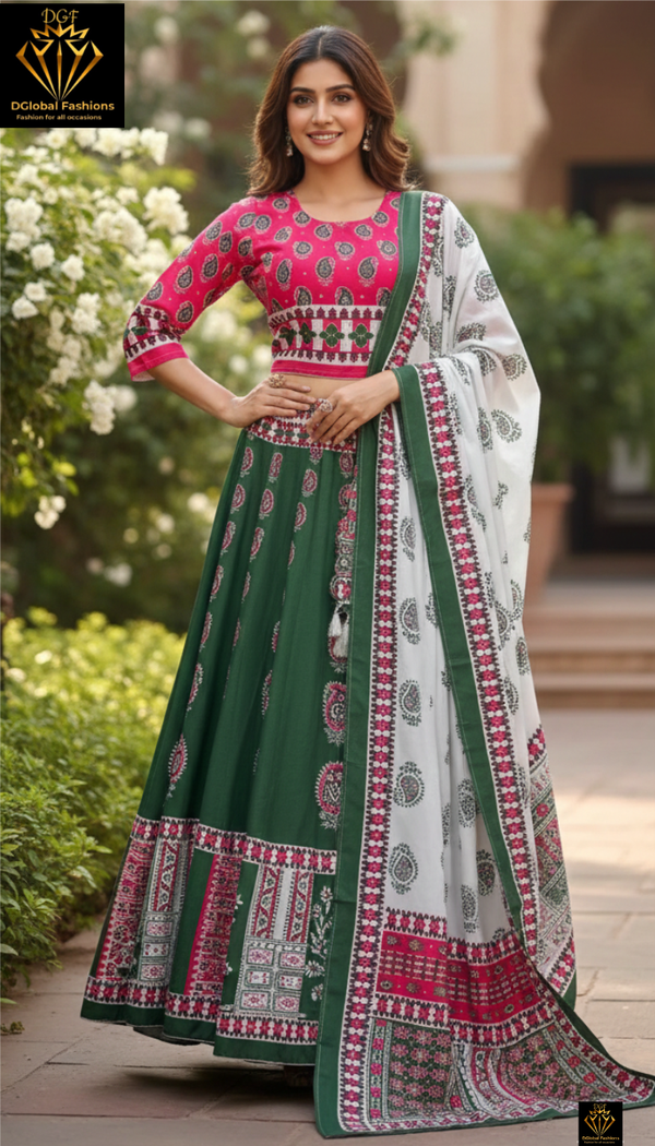Traditional Green & Pink Ajrakh Printed Chaniya Choli with Dupatta – F ...